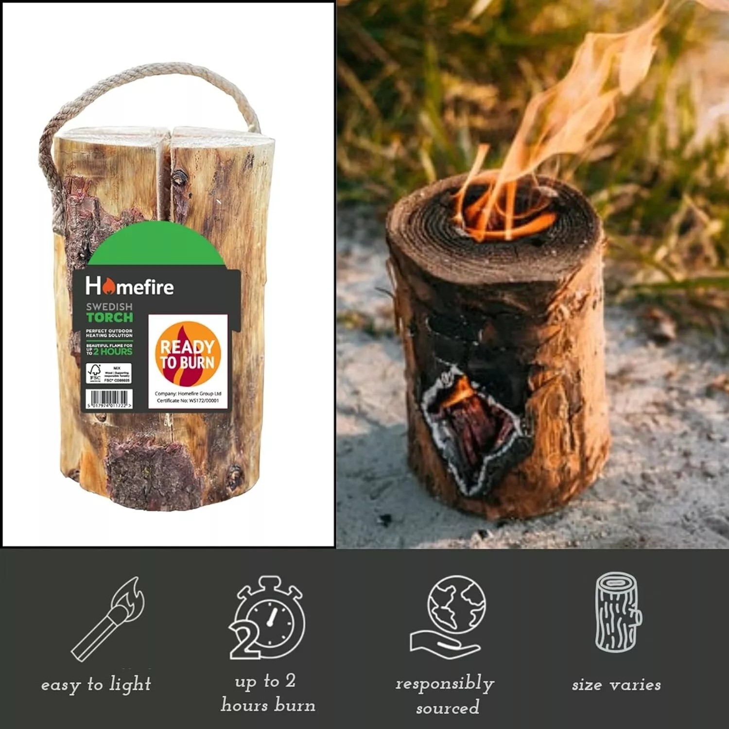 Homefire Swedish Torch Log - Camping & Outdoor (Woodsure Approved)