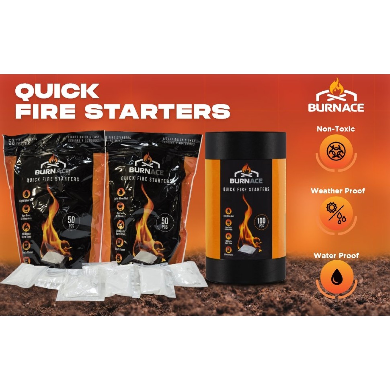 BURNACE Fire Starters: 100 Sachets of Firelighters