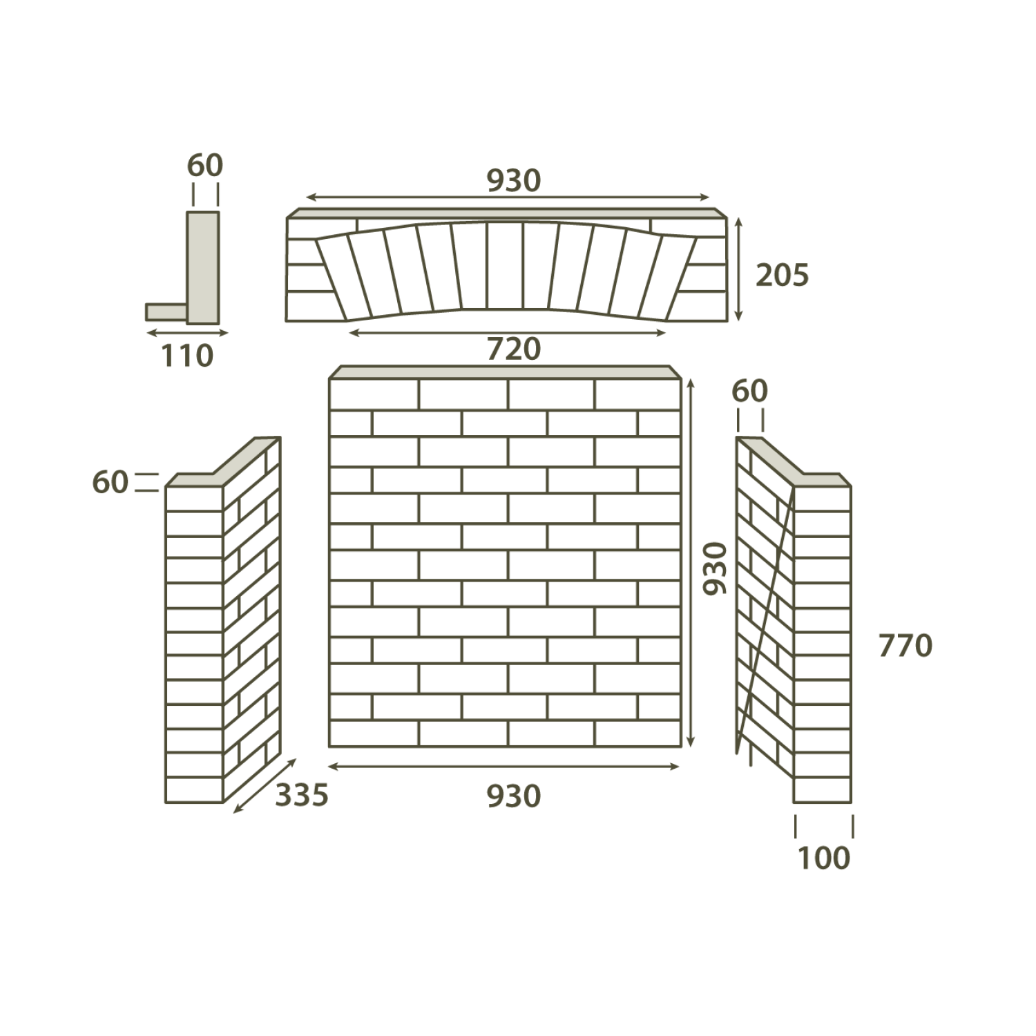 Rustic Brick Arch Fireplace Chamber | 4-Piece Brick Stove Panel Set