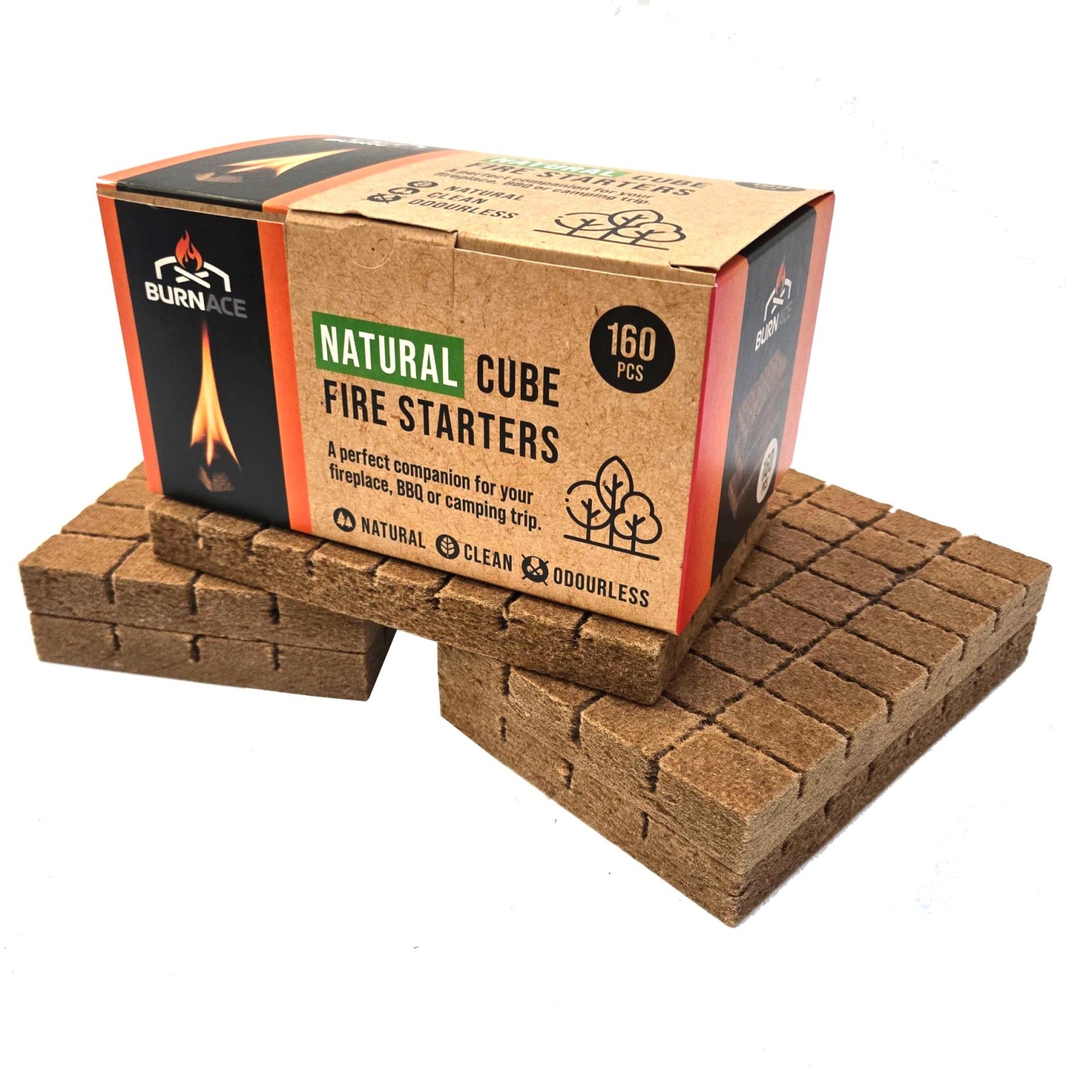 BURNACE Natural Cube Fire Lighters / Fire Starters - BBQ'S & Fires 160 Pack